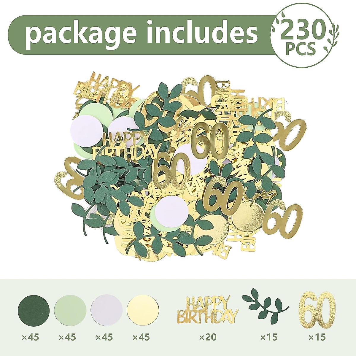 Sage Green 60th Happy Birthday Confetti, 60th Birthday Table Decorations Scatter Confetti Birthday Cake Confetti, Green Gold Foil Confetti Decorations for 60th Birthday Woman Men Party Decor 230 Pcs