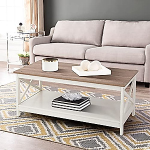 Sophia & William Coffee Table Farmhouse Cocktail Table with Storage Shelf, Wood Look Accent Furniture for Living Room, Ivory