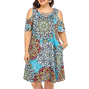 Sun Dresses Women Summer Plus Size Cold Shoulder Beach Swim Cover Up Tshirt Casual Hawaiian Tank Floral Sundress Pockets
