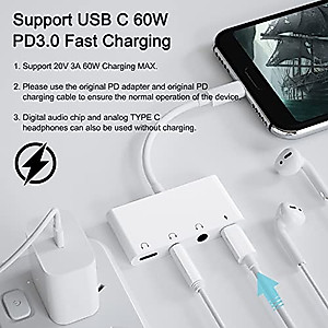 USB C to 3.5mm Headphone Audio Splitter, iPad Pro Aux Headphone Jack Splitter with PD 3.0 Fast Charging, TypeC to Dual Headphone Adapter Splitter for iPad Pro, Samsung Galaxy, Pixel