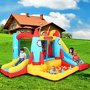 Inflatable Bounce House,Kids Castle Jumping Bouncer with Slide, for Outdoor and Indoor for Kids Summer Garden Water Party (Rocket,with Inflator)