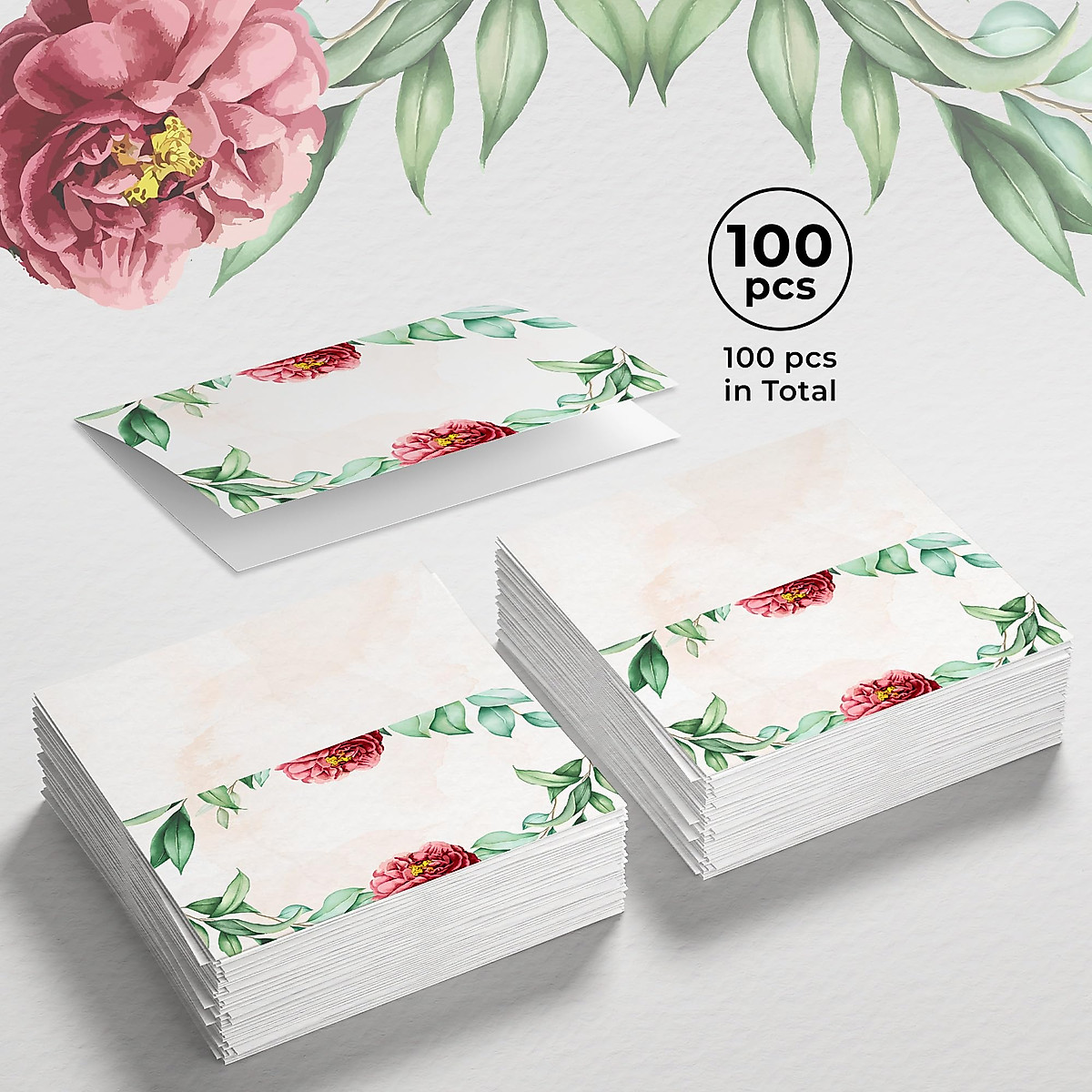 Mobiusea Creation Elegant Floral Place Cards 100pcs | Thick Linen Cardstock | 2"x3.5" Name cards | Place Cards for Table Setting | Name Cards for Table Setting, Seating Cards, Tent Cards