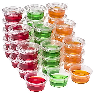 DuraHome Plastic Portion Cups with Lids 2 oz. Pack of 150 Leakproof Jello Shot Cup Mini Containers for Salad Dressing Sauce Condiment Snack Souffle and Salsa, Disposable