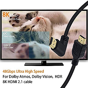 Poyiccot 8K HDMI 2.1 Cable 6feet，8K HDMI 48gbps 90 Degree Right Angle HDMI to HDMI Cable, HDMI 2.1 Cable with 8K 60Hz Video and 3D HDR for TV/Xbox /PS4 /PS5(M/M Right)