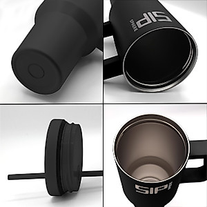 SIP SPHERE 40oz, Travel Mug, Insulated Thermal Mug, 2 Straw Tumbler, Reusable Coffee Mug, Drinking Glass, Tumbler Cup for Coffee, Tea, Whiskey, Juice (Midnight Black)