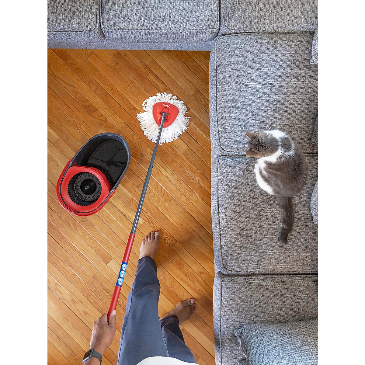 O-Cedar EasyWring Microfiber Spin Mop & Bucket Floor Cleaning System + 2 Extra Refills, Red/Gray