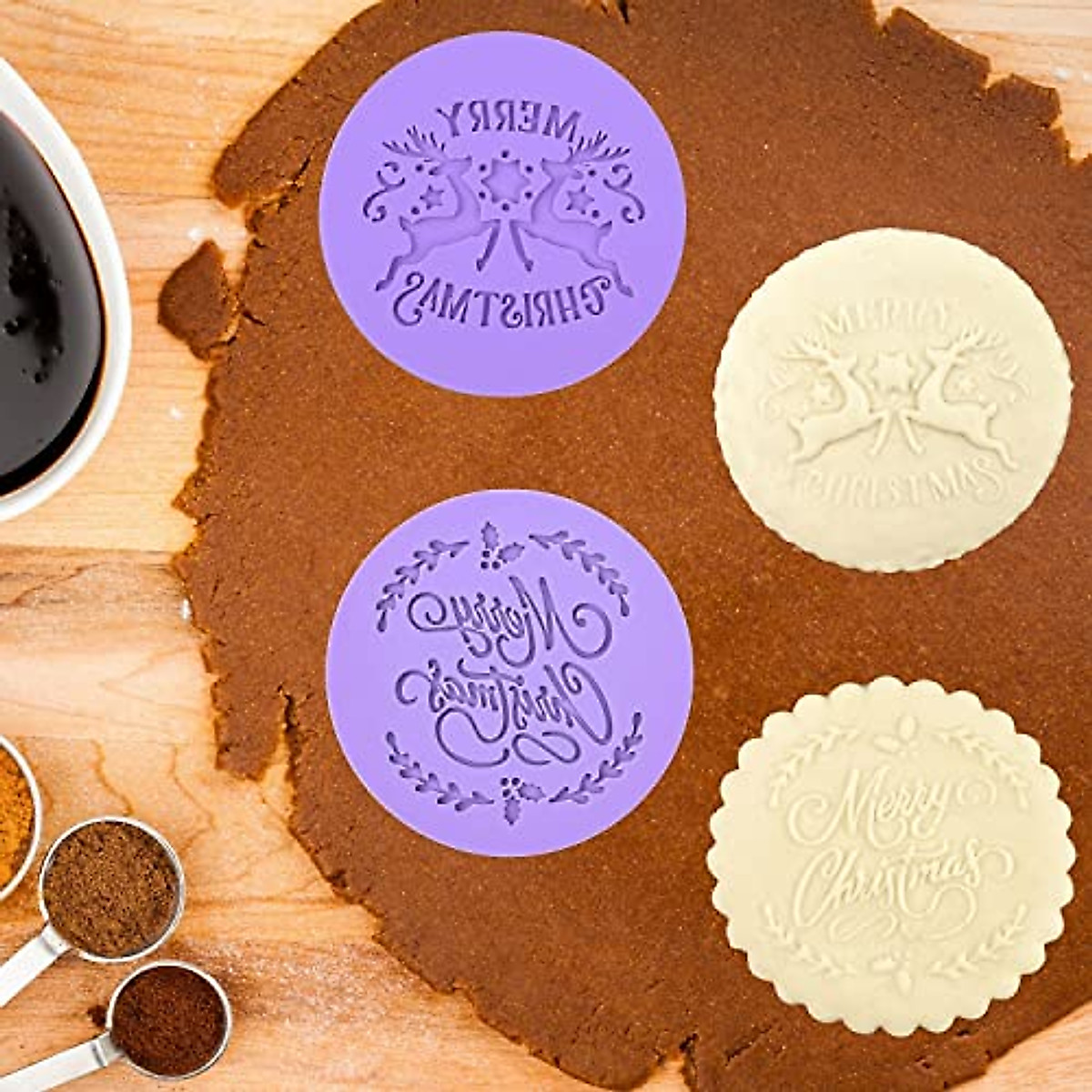 Crethinkaty 2 Pieces Christmas Fondant Embosser Merry Christmas Shape 3D Raised Design Cookie Stamp for Baking Cookies,Decorating Cake/Sugar Paste/Cupcake