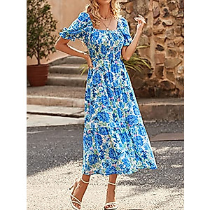 PRETTYGARDEN Women's Summer Puff Sleeve Floral Maxi Dress Square Neck Smocked Boho Flowy A Line Casual Beach Long Dresses (Big Floral White and Blue,Large)