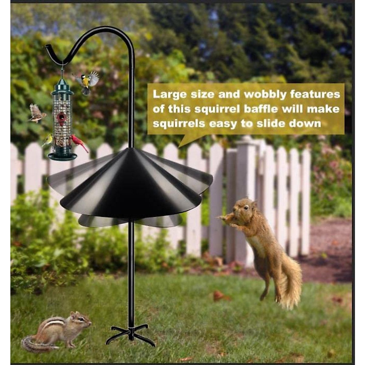 Queension Squirrel Proof Baffle, 19-inch Wide Squirrel Guard Stopper for Outdoor Bird Feeder Poles or Outside Shepherd Hooks, Save Bird Houses from Squirrels, Raccoons, and Rodents, Black, 1 Pack…