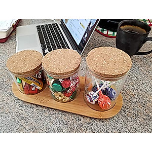 SplashSoup Glass Jar Set on Bamboo Tray, Natural Cork Lids, Bath Item Qtip Cotton Ball Canisters, Seasonal Display Decor, Centerpiece