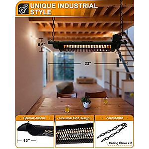 Star Patio Electric Patio Heater, Outdoor Heater, 750W/1500W Ceiling Infrared Heater with Rectangular Shape, Black, Silent Heating Hanging Patio Heater, IP44 Waterproof Outdoor Heaters, STP2066-C