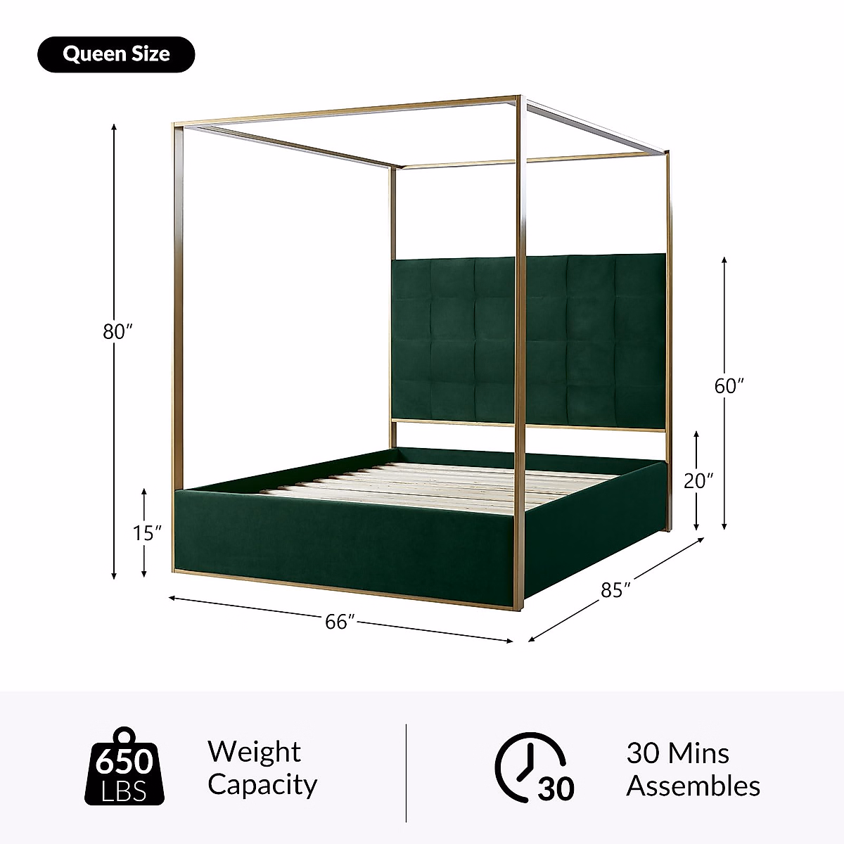 HULALA HOME Modern Upholstered Canopy Queen Size Bed,Champagne Metal Bed Frame with Upholstered Headboard,Noise-Free,Green