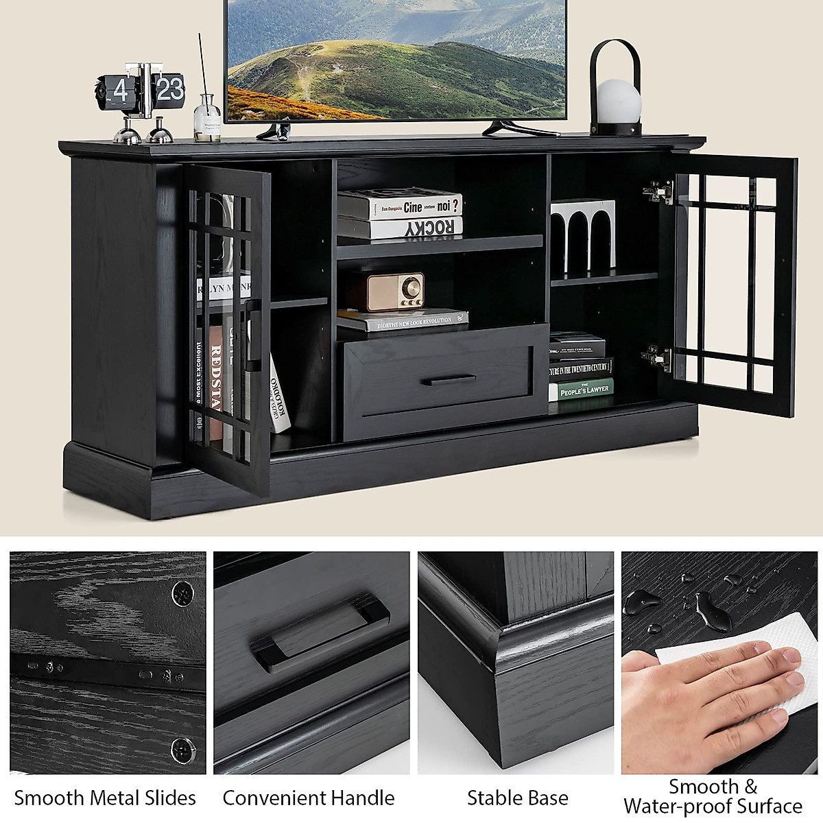 Tangkula Farmhouse TV Stand for TV up to 70 Inch, Tall Media Console Table w/2 Glass Doors, Entertainment Center w/Cubbies & Drawer, Storage Cabinet or Sideboard Buffet for Living Room (Black)