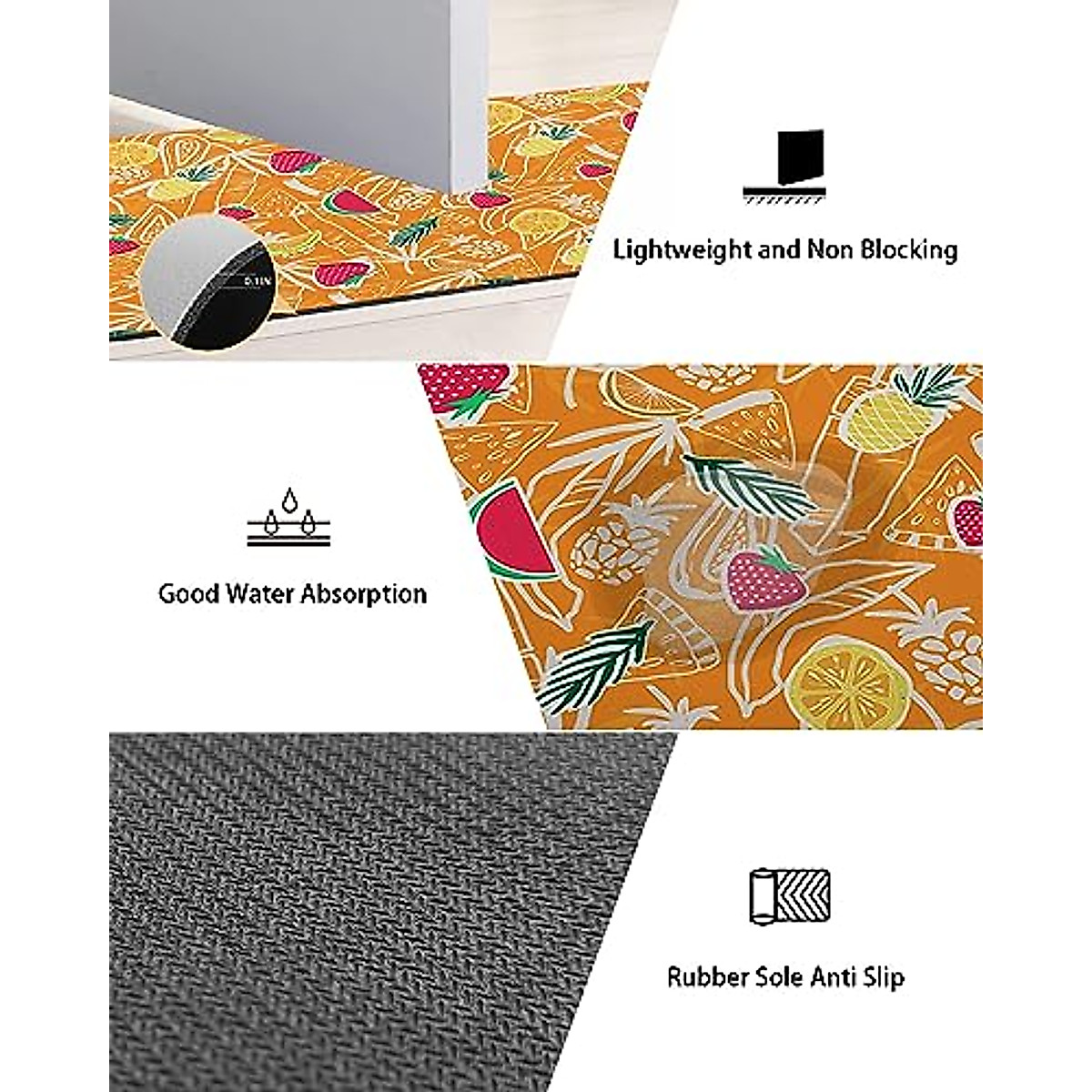 Tropical Summer Bath Mat for Tub,Non Slip Bathroom Floor Runner Rug Quick Dry & Absorbent Diatomaceous Earth Kitchen Room Shower Sink Washable Doormat,Orange Fruit Lemon Watermelon Pineapple 16"x24"