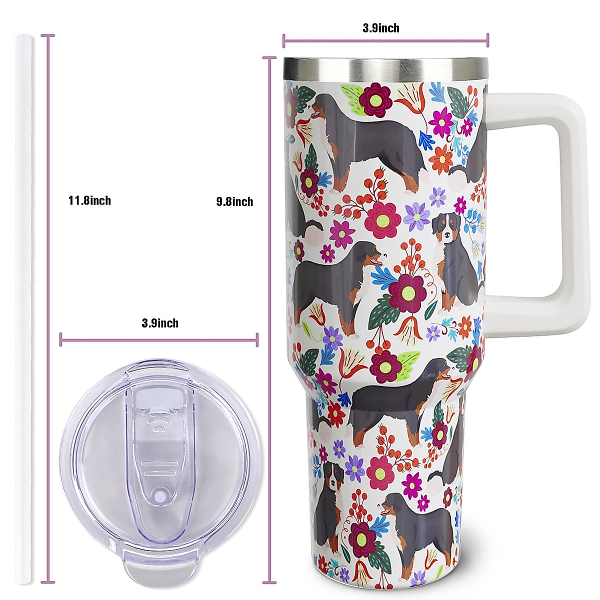 puhnhsv 40 oz Bernese Mountain Dog Tumbler with Handle, Insulated Cup Bernese Mountain Lovers Gifts