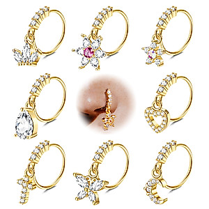 JOERICA 8 Pcs 20G Dangle Nose Rings Hoops for Women Butterfly Heart Moon Flower Cross CZ Dangle Nose Rings Cartilage Earring Dangling Nose Piercing Jewelry