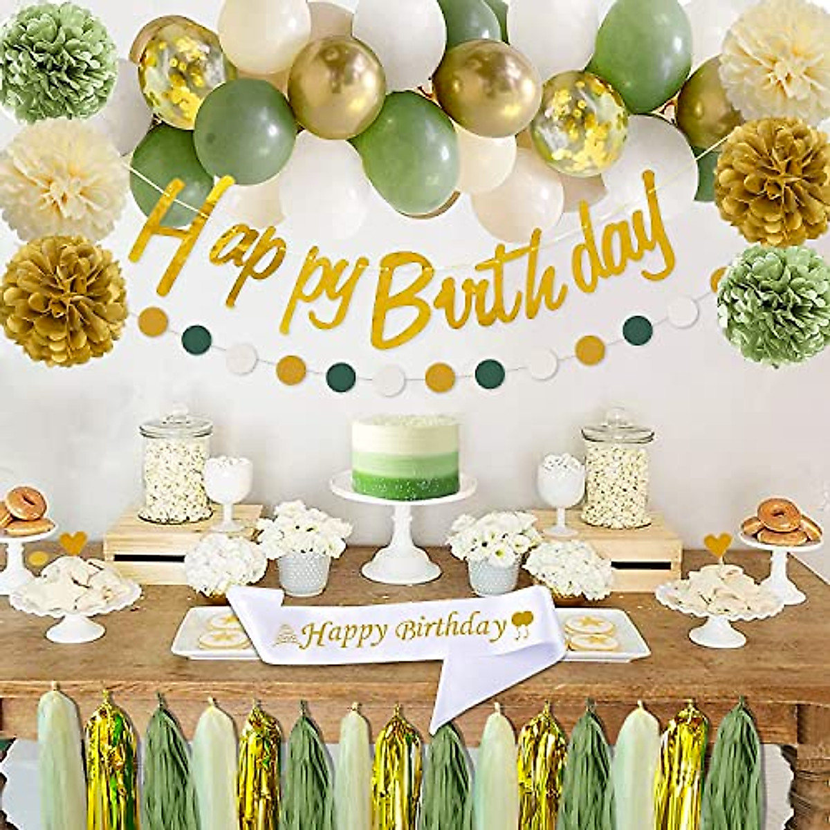 Sage Green Birthday Party Decorations with Happy Birthday Banner,Gold Fringe Curtain,Circle Dots Garland,Tissue Pompoms,Paper Tassels Garland for Girls Women Birthday Decor