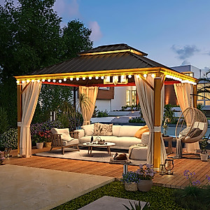 Hardtop Gazebo 12' x 14' W/Steel Double Roof, Anti-Rust Coating Aluminum Frame Permanent Outdoor Waterproof Pavilion w/Curtains & Netting, Hard Top Gazebo for Patio Backyard Garden Lawn Deck Parties