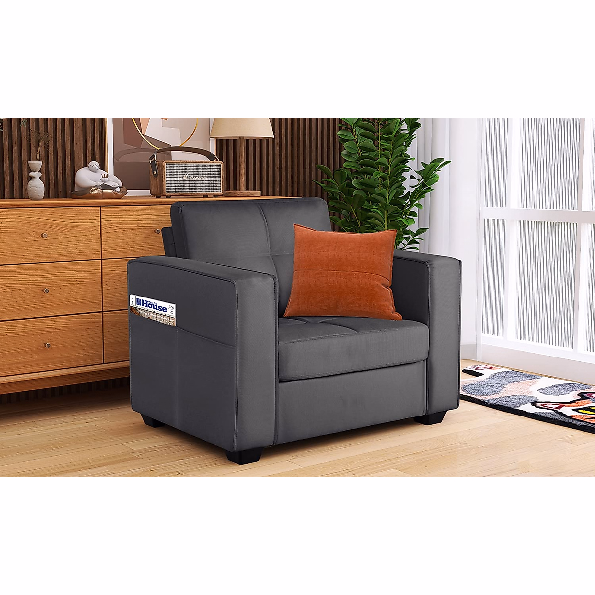 TYBOATLE Accent Chair, 38.58" W Mid-Century Modern Linen Fabric Tufted Living Room Chair, Comfy Upholstered Reading Club Arm Chairs for Living Room, Bedroom, Office (Dark Grey)