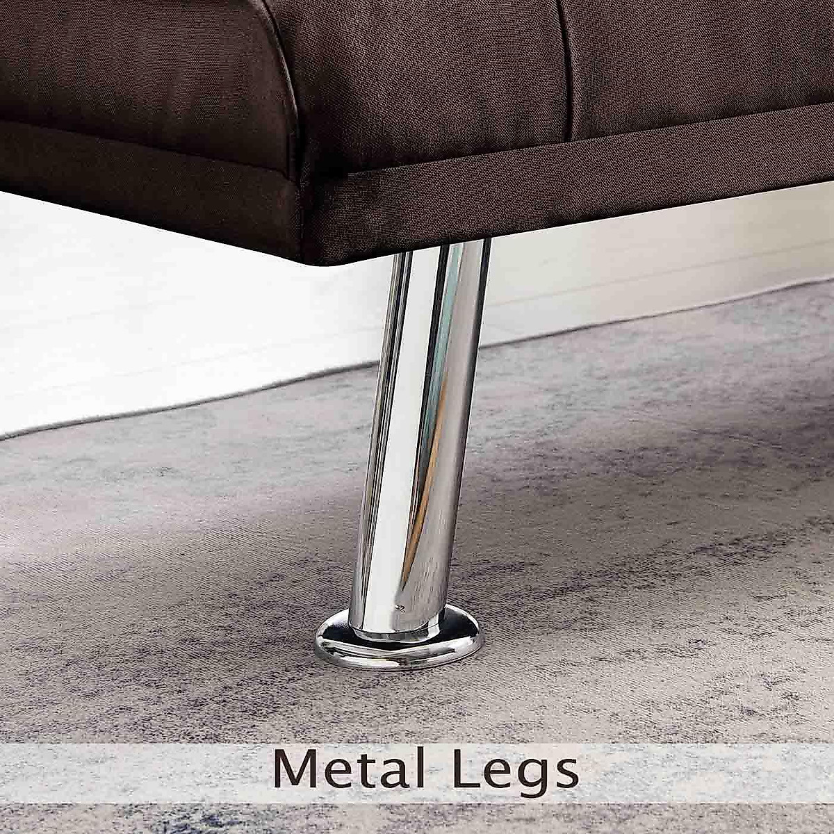 100% Fabric Linen Upholstered Futon Sofa Bed with 2 Cupholders/Legs/Removable Armrest, Modern Convertible Sleeper Couch, Upholstered Loveseat for Small Spaces, Memory Foam Living Seat, Brown