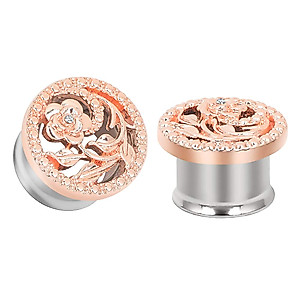 Stuppendux Stainless Steel Gold Diamond Rose Double Flared Flesh Ear Tunnels Plugs Stretcher Expander Kit Gauge 0g 8mm