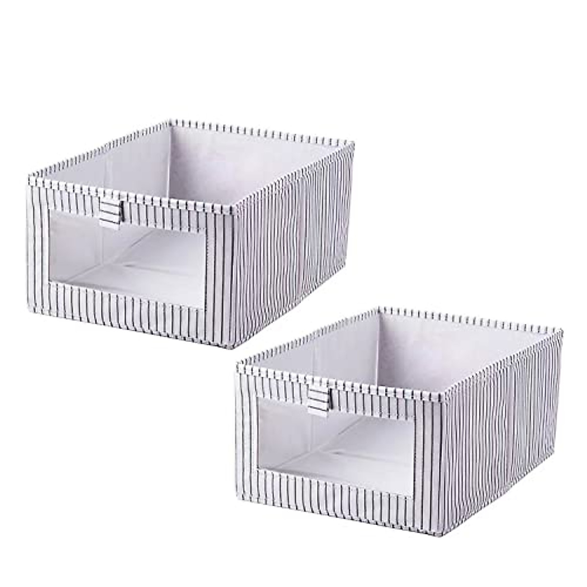 2 Pack Open Storage Bins, Washable & Visible Closet Clothing Organizer with Window. Foldable Fabric Baskets for Clothes, Towel, DVD, Book (Large White stripe)