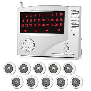 SYNLETT Wireless Calling System, Caregiver Pager for Nurses Station, 10 Waterproof Call Buttons with 1 Monitoring Unit for Emergency, Patients Seniors Clinic, 11 Languages Alert, White