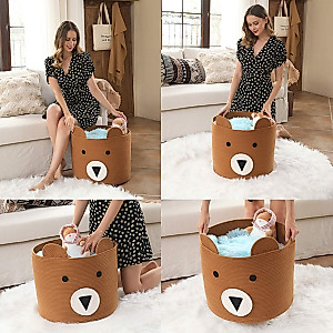 Bear Basket, Animal Basket, Large Cotton Rope Basket, Large Storage Basket, Woven Laundry Hamper, Toy Storage Bin, for Kids Toys Clothes in Bedroom, Baby Nursery, Orange Brown 18"x15"