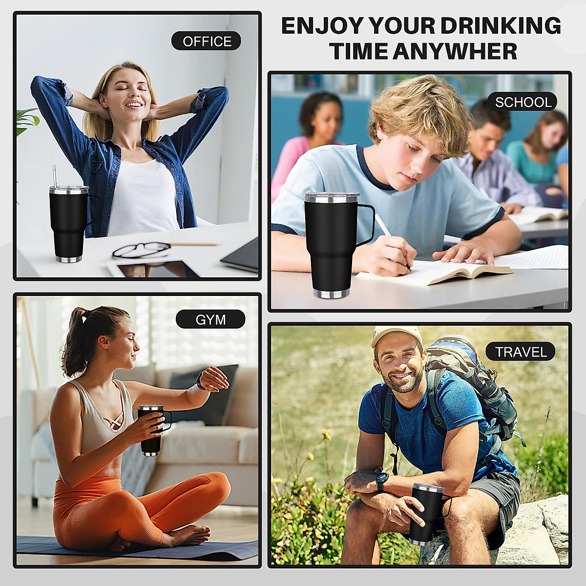 GUDEMAO 30 oz Tumbler with Handle, Stainless Steel Insulated Tumbler with Lid and Straw, Double Wall Vacuum Insulated Coffee Mug Tumbler, Insulated Coffee Thermal Cup for Cold and Hot (Black)