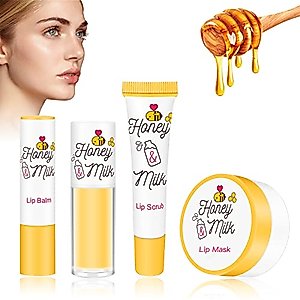 LSxia 4 Piece Honey Milk Lip Mask Lip Balm Lip Scrub Lip Oil Lip Care Kit, Moisturizing & Nourishing Dry and Cracked Lips, Overnight Sleeping Lip Exfoliator Lip Moisturizer Lip Repair Holiday Gift Set