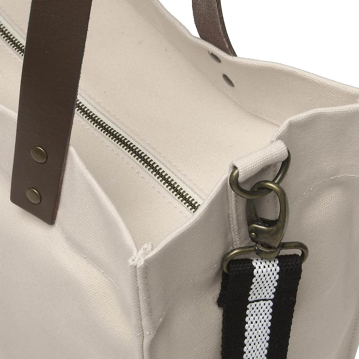 Tag&Crew Brooklyn Tote Canvas Bag with Leather Handles, Zippered Flap, 3 Pockets, Adjustable Shoulder Strap, Antique Brass Clips - Natural