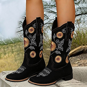 SBGMoSJ Western Boots Square Toe Ladies Knee High Boots for Women Low Heel Tall White Cowboy Boots for Women Small Calf Western Cowgirl Boots Wide Calf Womens Tall Cowboy Boots