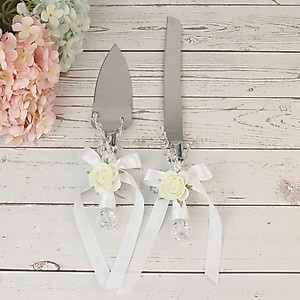 Handmade White Rose Wedding Cake Knife Shovel Server 2 Piece Set of Wedding Site Props