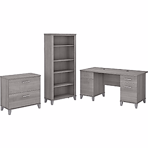 Bush Furniture Somerset 60W Office Desk with Lateral File Cabinet and 5 Shelf Bookcase in Platinum Gray
