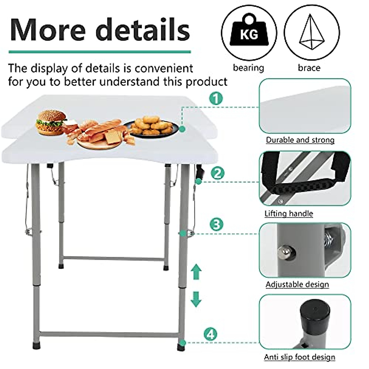 FDW Folding Table 4FT Picnic Table Adjustable Height Plastic Table Camping Table Office Table for Home Office Party Picnic