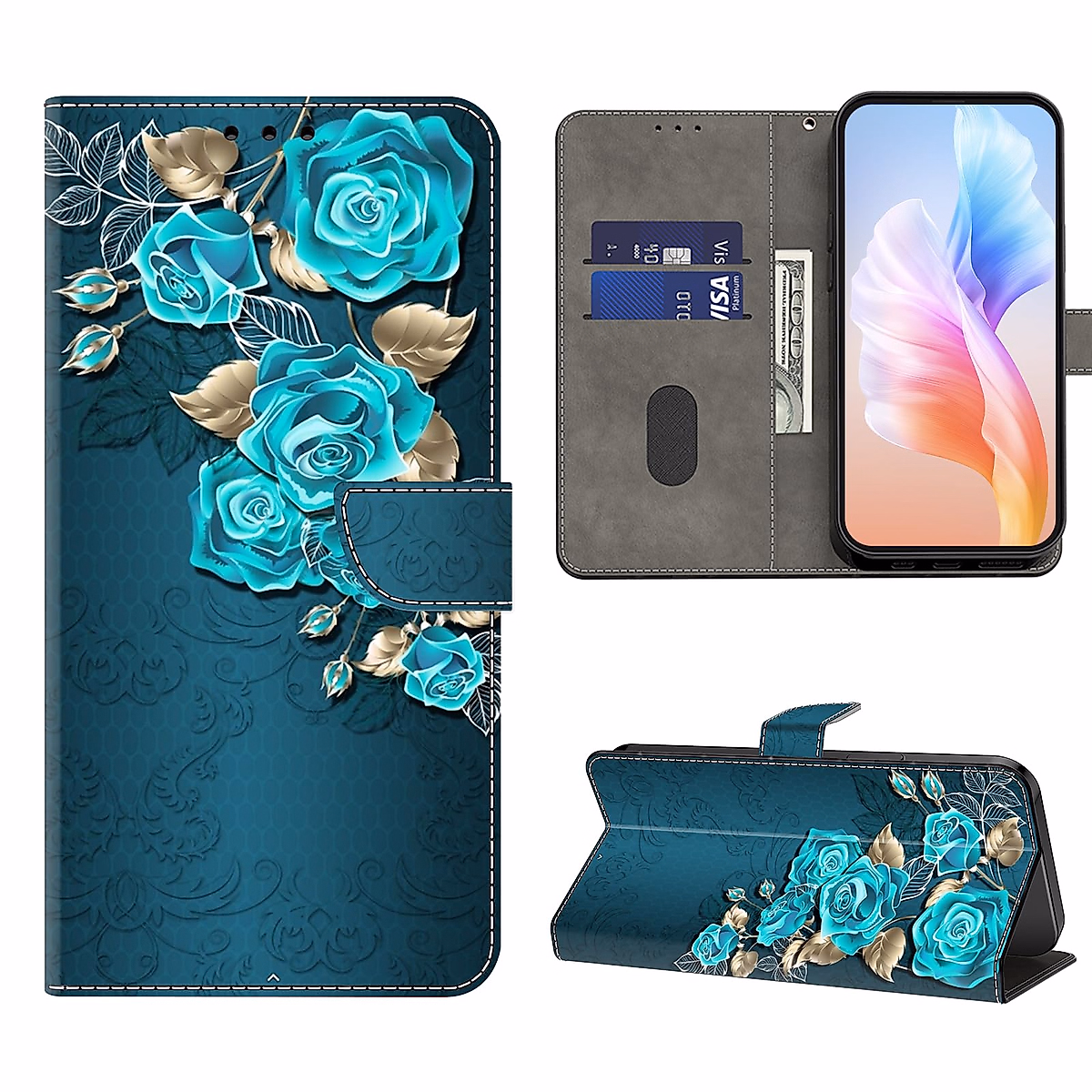 VODEFOX Wallet Case Compatible with iPhone 15 Case,Cute 3D Print Design Flip Folio Leather 2023 Phone Case Wallet leather Butterfly with Card Holder Magnetic Closure - Blue Rose