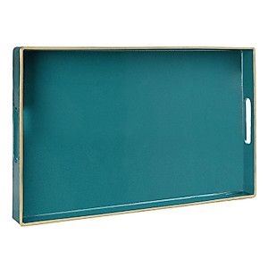 MAONAME Teal Serving Tray with Handles, Modern Decorative Tray for Coffee Table, Plastic Rectangular Tray for Ottoman, Bathroom, Decor, 15.75” x 10.2” x1.57