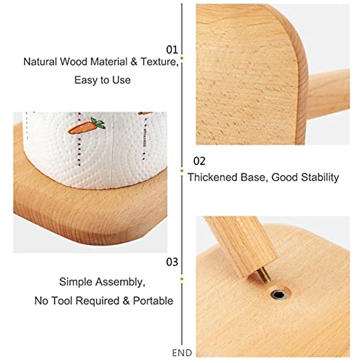 HUAJIE BienStylife Paper Towel Holder, Wooden Base Kitchen Paper Hanger Rack Bathroom Towel Roll Stand Organizer Countertop Wooden Paper Towel Holder (Natural Wood), WDH-001