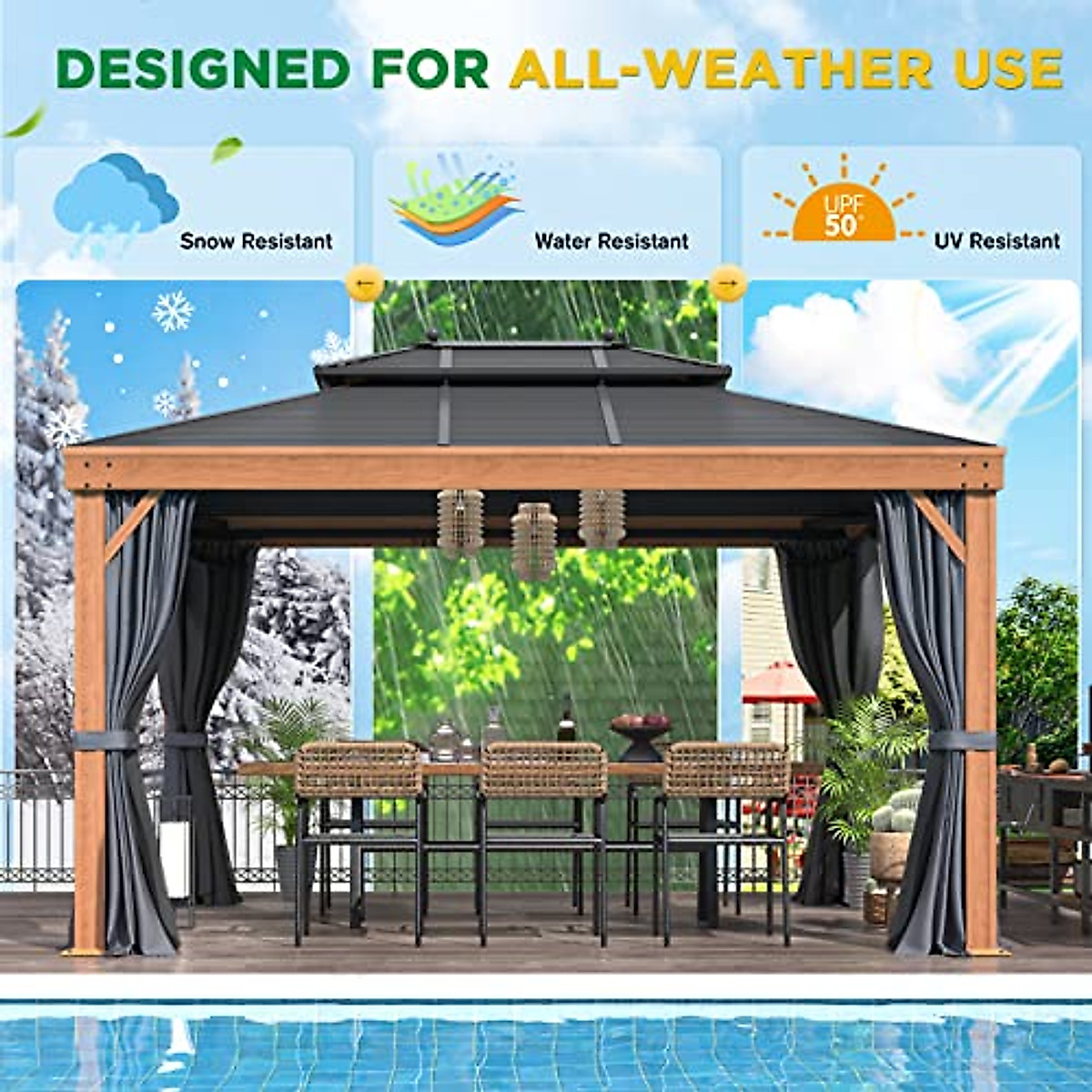 EROMMY 10'x13' Hardtop Gazebo Outdoor Aluminum Wood Grain Gazebos with Galvanized Steel Roof and Mosquito Net for Patios, Deck, Backyard, Curtains & Netting