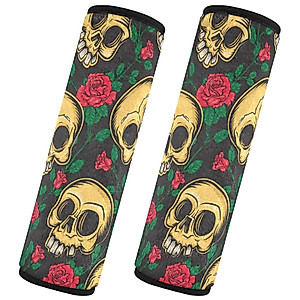 Halloween Sugar Skull Rose Seat Belt Covers 2 Pack Car Seat Strap Covers Super Soft Car Seat Neck Cover for Adults Baby Boys Girls