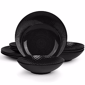 afcevnlb Black Dinnerware Sets 12 pcs Melamine Plates and Bowls Sets Round Dinner Set with Plates, Dishes, Bowls and Serving Platters, Kitchen Dinnerware Sets for 4