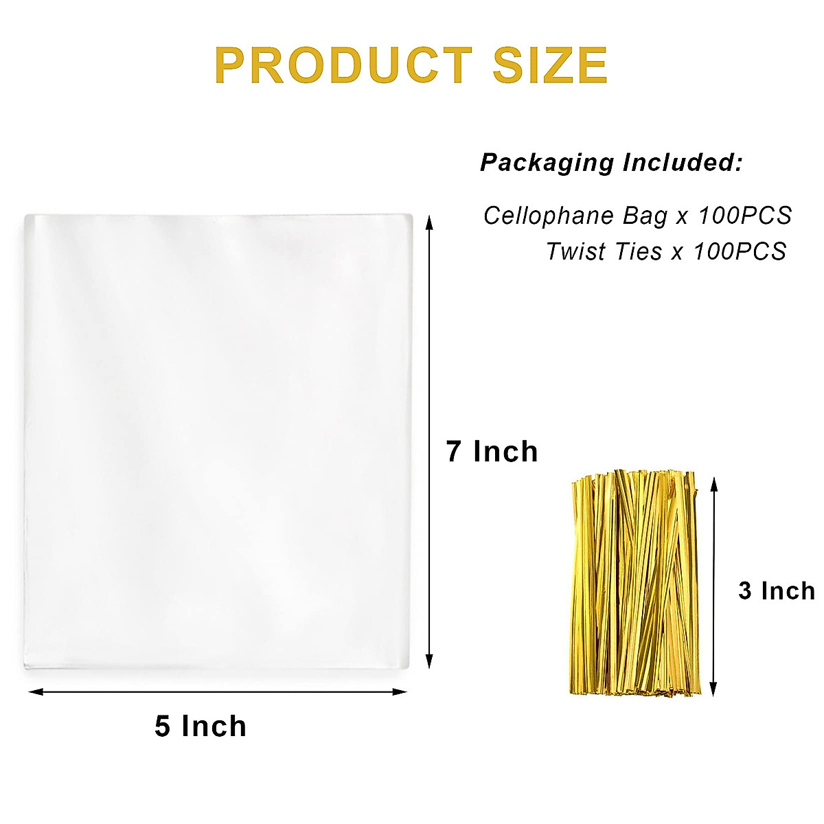 Yotelab Cellophane Treat Bags, 5x7 Inches Cookie Bags With Twist Ties,Clear Cello Treat Bags for Candy,100 Pcs Party Favor Bags