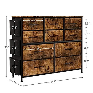 Jojoka Dresser for Bedroom with 10 Drawers, Dressers & Chest of Drawers, Long Fabric Storage Drawer with Wood Tabletop for Kids Room, Closet, Hallway, Entryway (Rustic Brown)