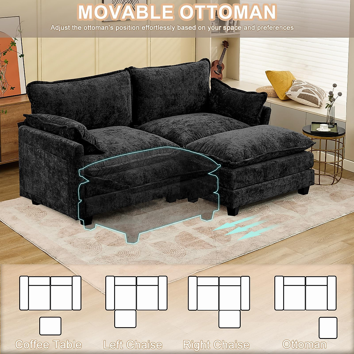 77.6" Sectional Sofa Cloud Couch with Ottoman, Comfy Deep Seat Sofa L Shaped Couch Modern Chenille Sofa Sleeper 2-Seat Loveseat Sectional Sofa Couch for Living Room Apartment, Black Sofa Couch