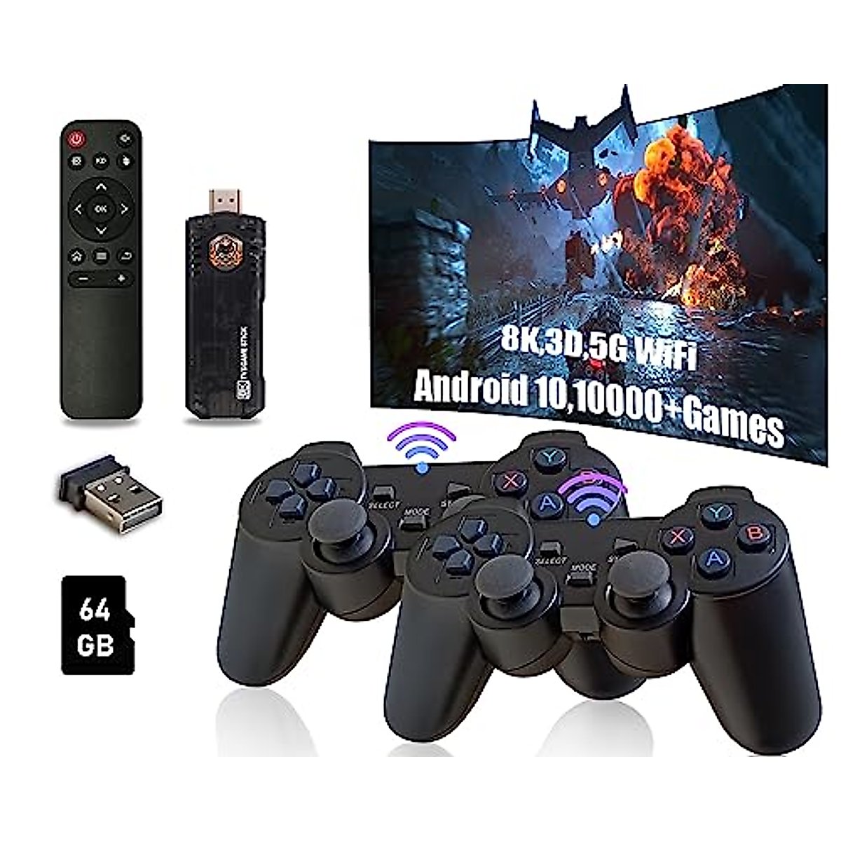 Magcubic Wireless Old Game Console Android TV Stick, Old Game Stick 8K HDMI Output, Plug & Play Video Game Stick 10000+ Games, 64G, 3D, 10 Emulators Dual 2.4G Wireless Controllers