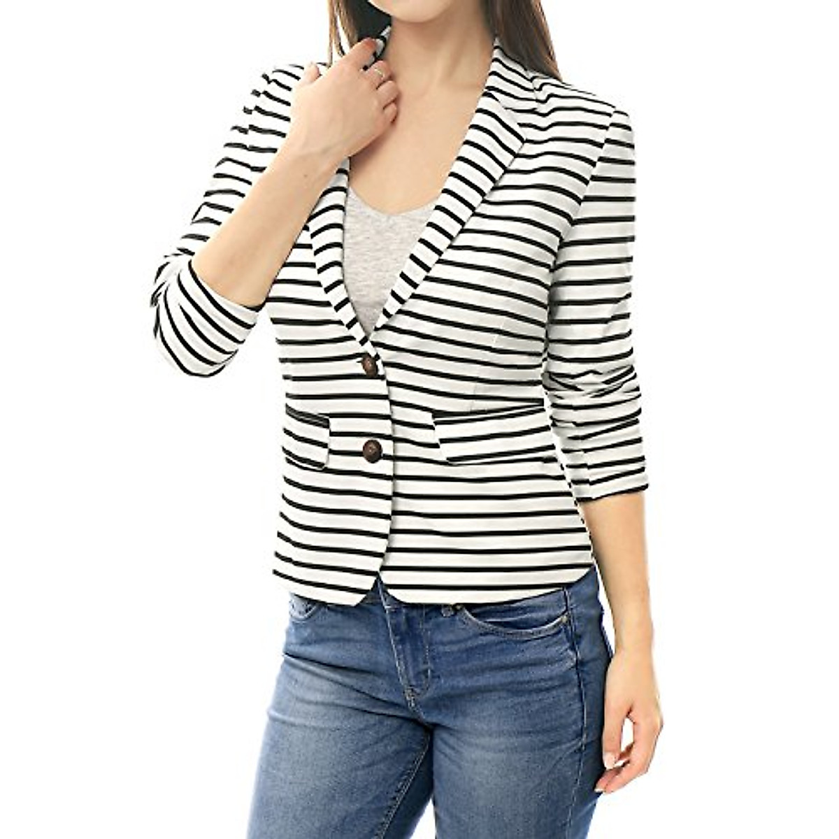 Allegra K Women's Notched Lapel Pocket Button Closure Striped Blazer Small White