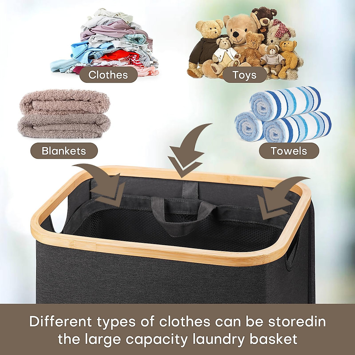 JUNGYOON Laundry Basket with Lid 100L (26.4 Gal) Large & Tall Collapsible Laundry Basket, Removable Laundry Bag Easy to Carry for Bedroom, Bathroom, Dorm, Laundry Room,Toys, Black