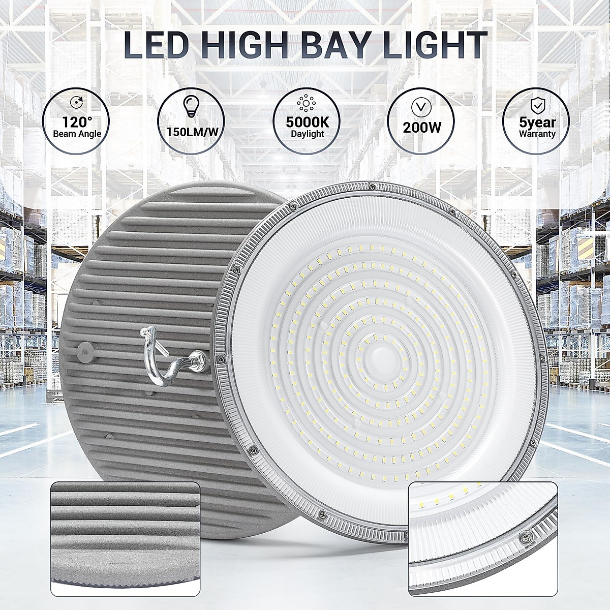 XYCN 10 Pack 200W UFO Led High Bay Light,120VAC,5000K Daylight Commercial Bay Lighting,IP66 Waterproof,30500LM,850W MH/HPS with Plug Area Lighting for Warehouse/Shop/Workshop/Garage/Barn/Gym/Factory