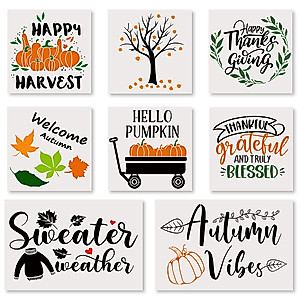 8 PCS Fall Autumn Stencils for Painting on Wood Wall, Fall Theme Pattern Templates for DIY Home Fall Farmhouse Decorations, Paint Wood Signs, Reusable Plastic Stencil