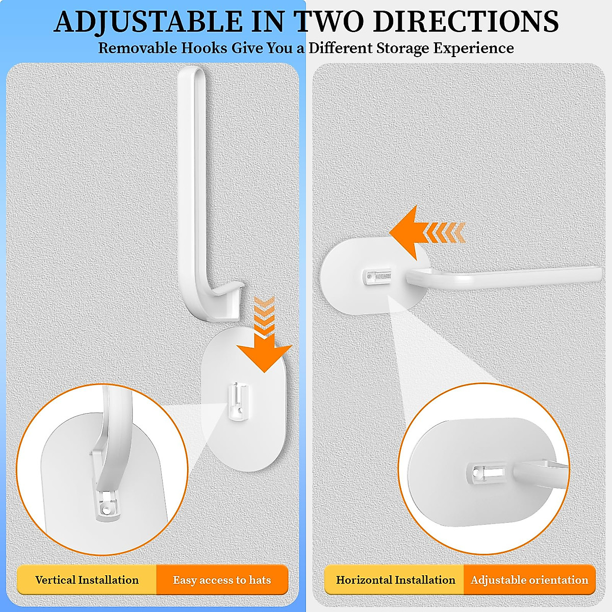 Eiito Hat Rack for Wall(4 Pack),Hat Organizer for Baseball Caps,Multi-Purpose Hat Rack,Hat Organizer Holds 10 Caps,Two Mounting Options,Self-Adhesive and Drilled (White)